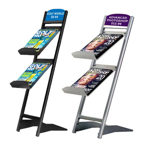 2-Tier Metal Literature Floor Stand +Acrylic Shelves, 85x11 Brochures ...