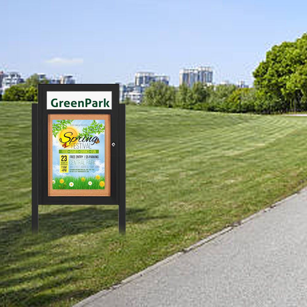 Standing 24x36 Lighted Outdoor Bulletin Board Enclosed w Header -Posts ...