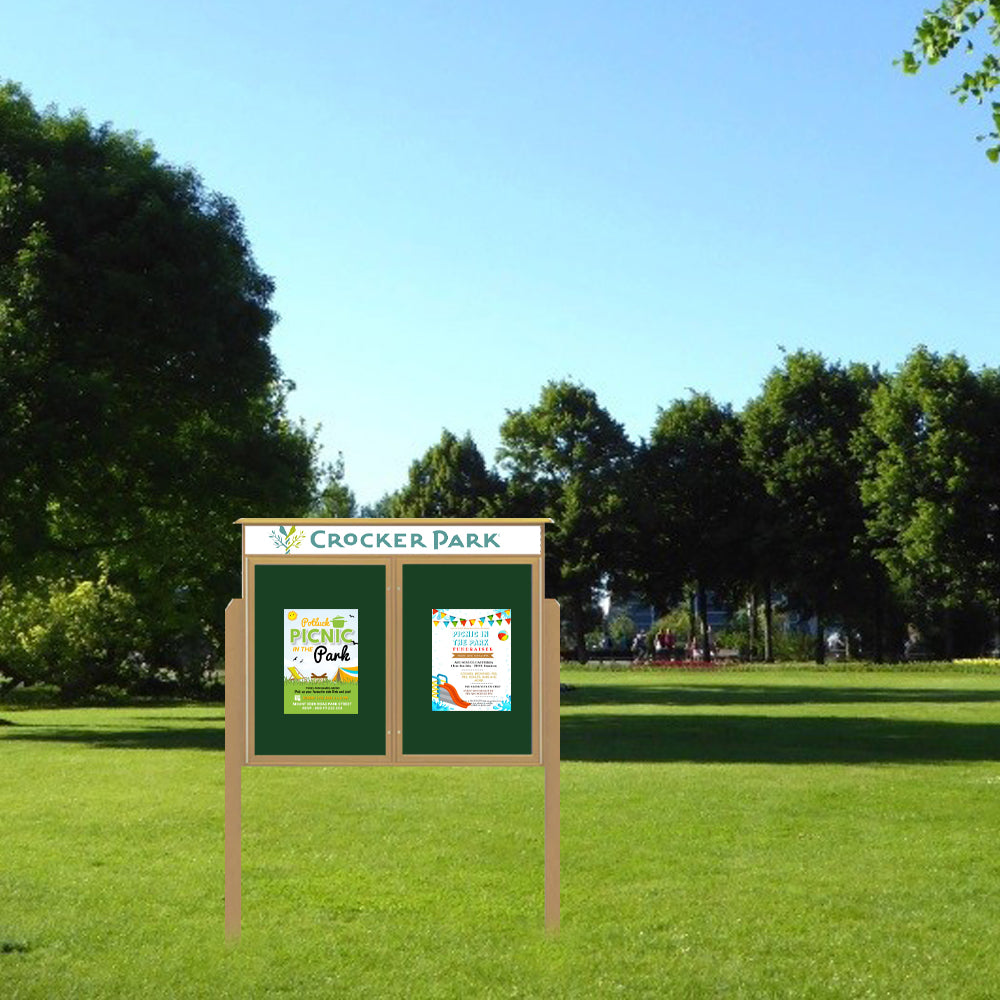 2-Door, 50x40 Outdoor Message Center Cork Board on Two Posts + Header ...