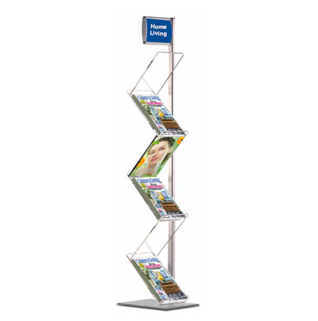 Magazine Literature Stand with Six Angled Acrylic Shelves and Header ...